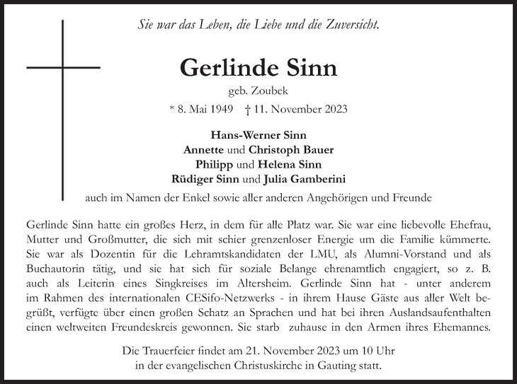 Traueranzeigen Gerlinde Sinn | Hans-Werner Sinn